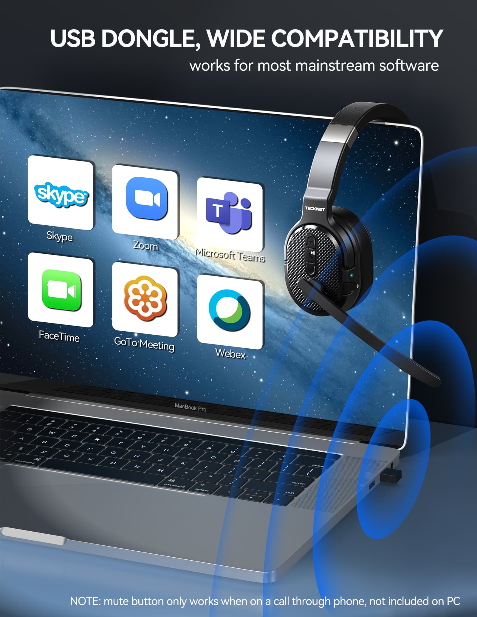 TECKNET Trucker Over-Ear Bluetooth Headset, AI Noise Canceling with Do