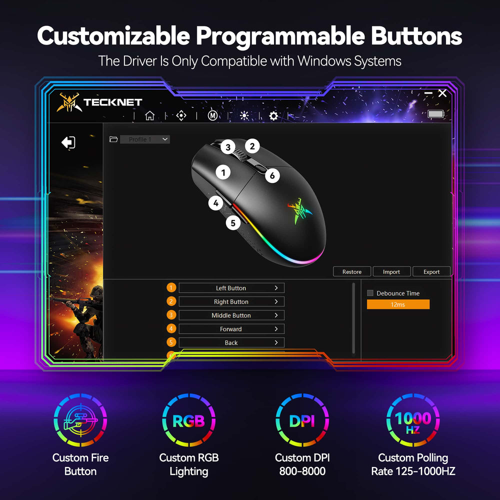 TECKNET Wireless Gaming Mouse with 8000 DPI & 6 Programmable Buttons