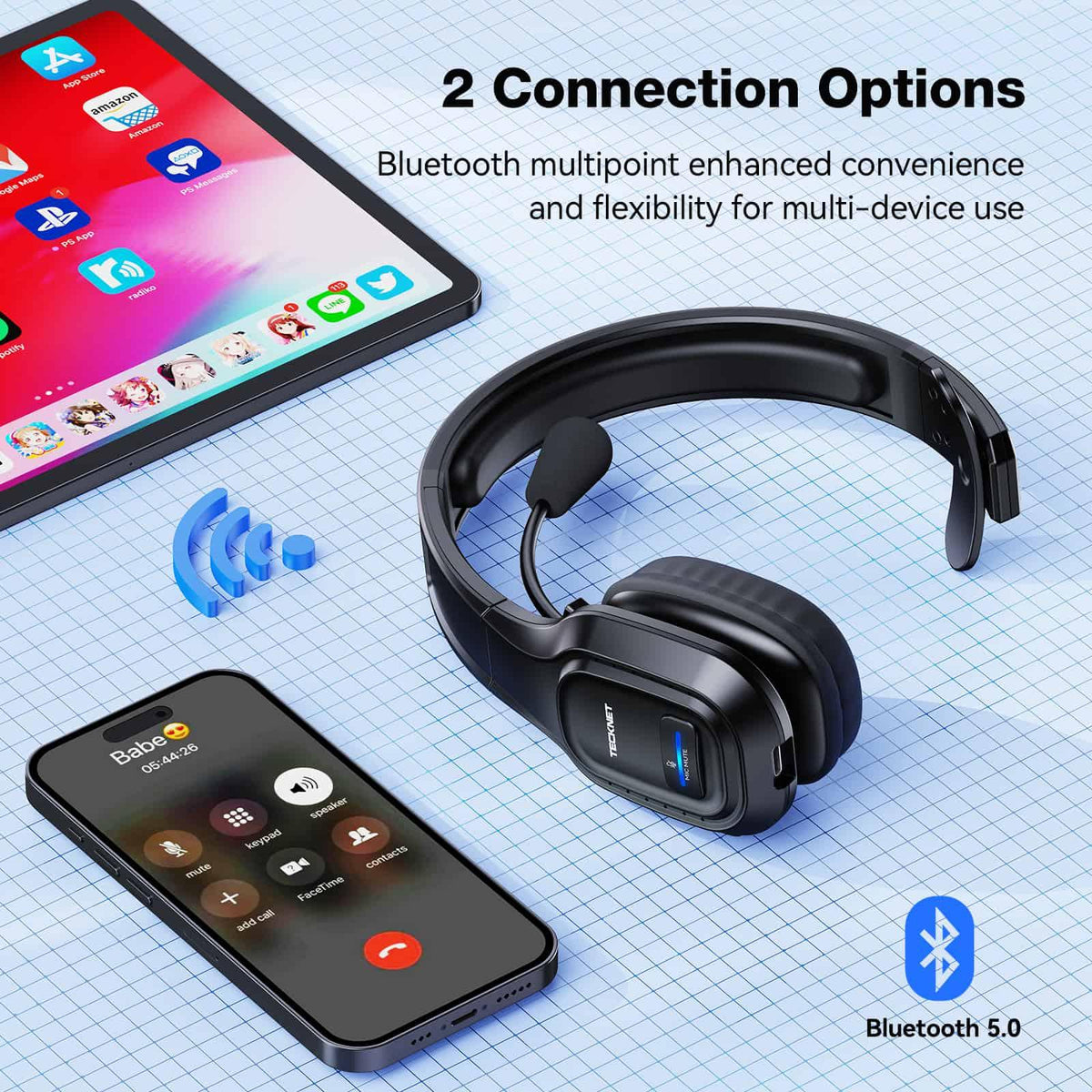 TECKNET Bluetooth Headset With Mic Noise Canceling
