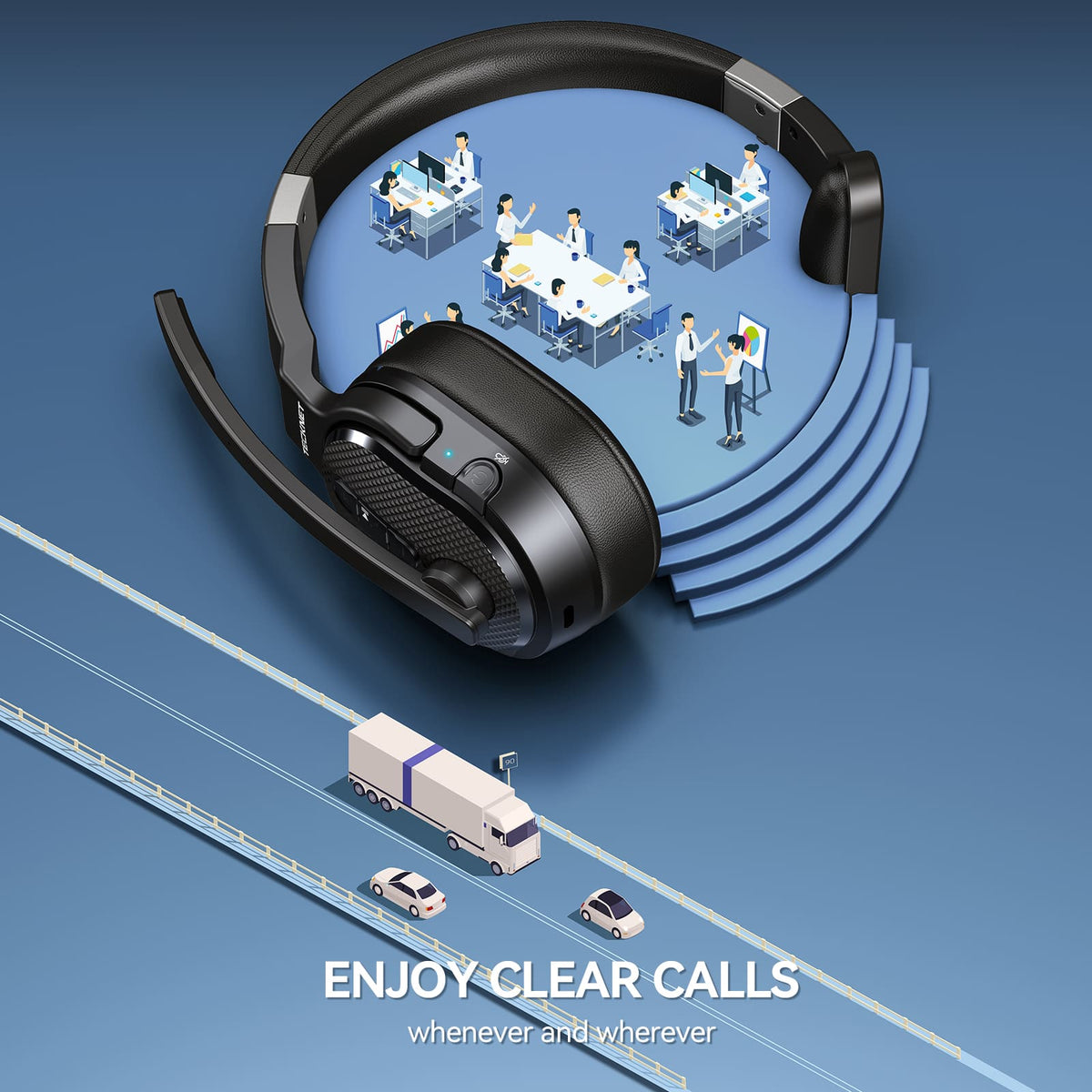 TECKNET Trucker Over-Ear Bluetooth Headset, AI Noise Canceling with Dongle