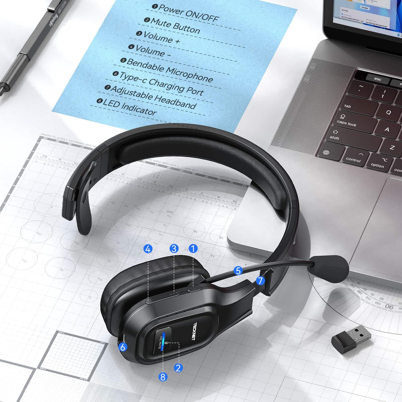 TECKNET Bluetooth Headset With Mic Noise Canceling