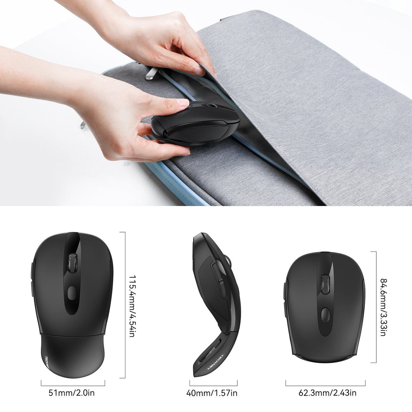 TECKNET Folding Wireless Mouse, 2.4G Portable Mouse with USB Receiver